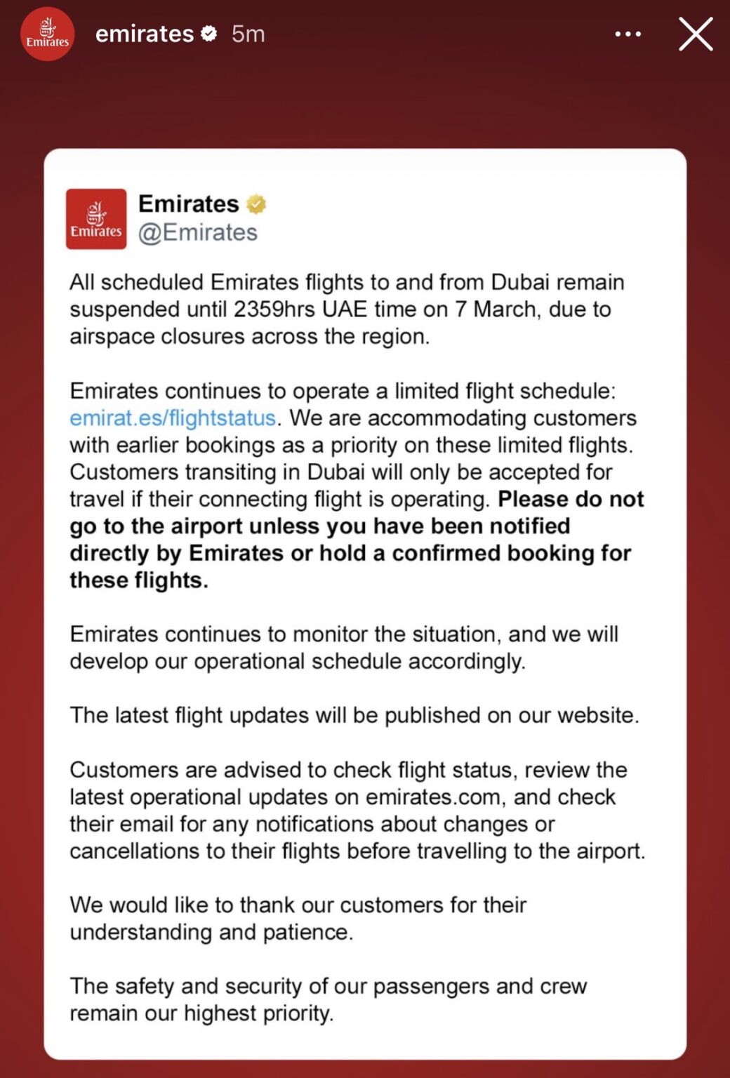 Just in: Emirates extends suspension of all flights to and from Dubai